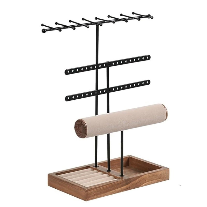 Smykkestativ i brunt træ, sort og velour til smykker